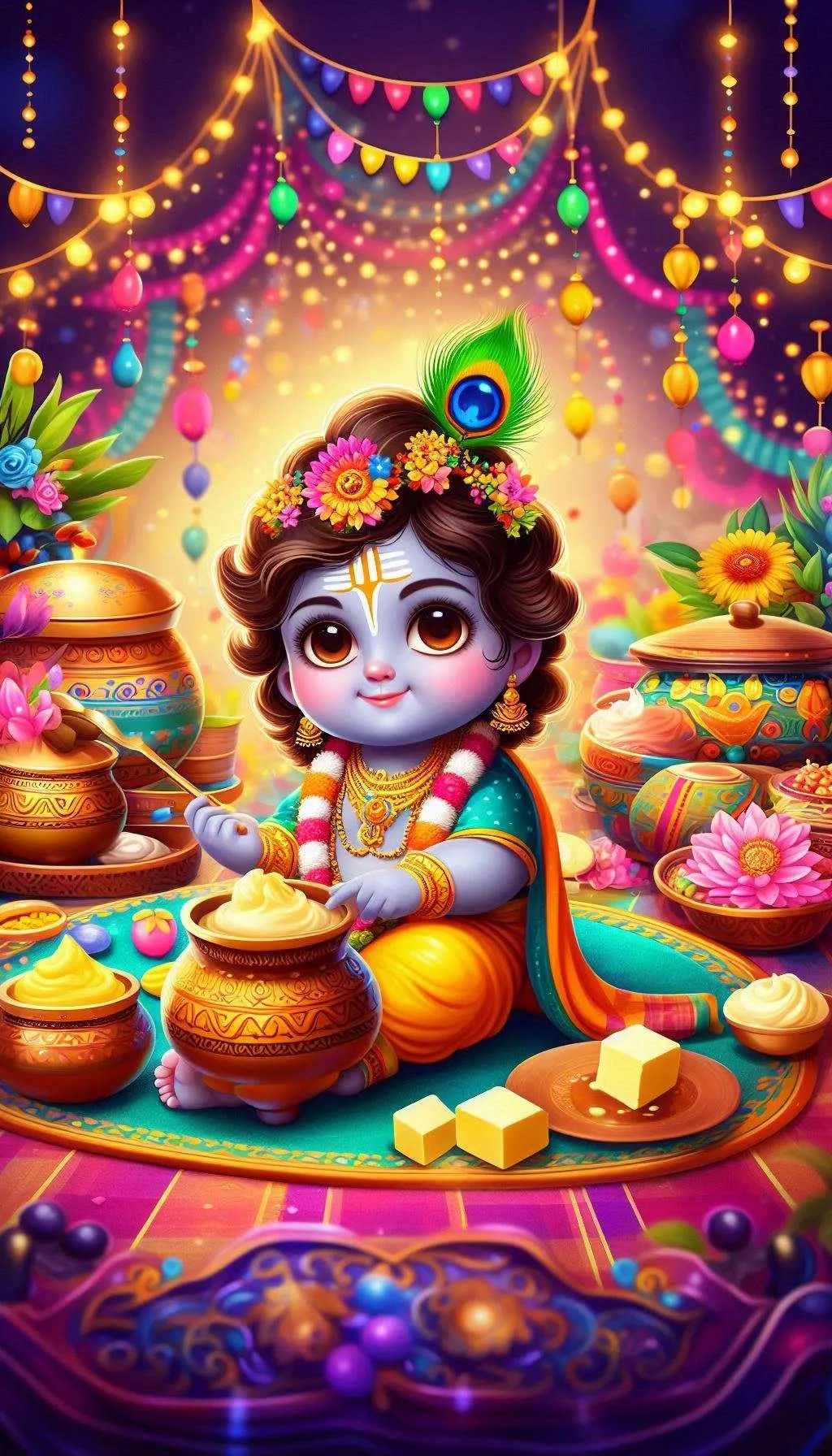 Depict Little Krishna with a Pot of Butter, Surrounded by